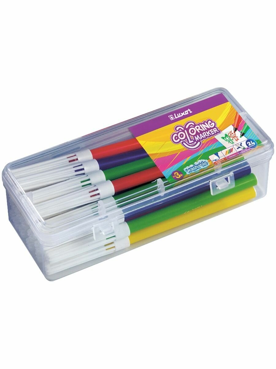 Фломастеры Luxor "Coloring", 24цв, смываемые, пластиковый пенал, 6101/24 TUB