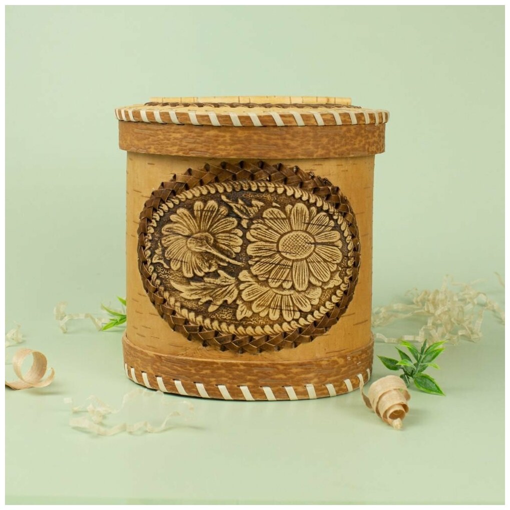 Хлебница "Ромашки", береста, откидная крышка, шитая, 15х16 см