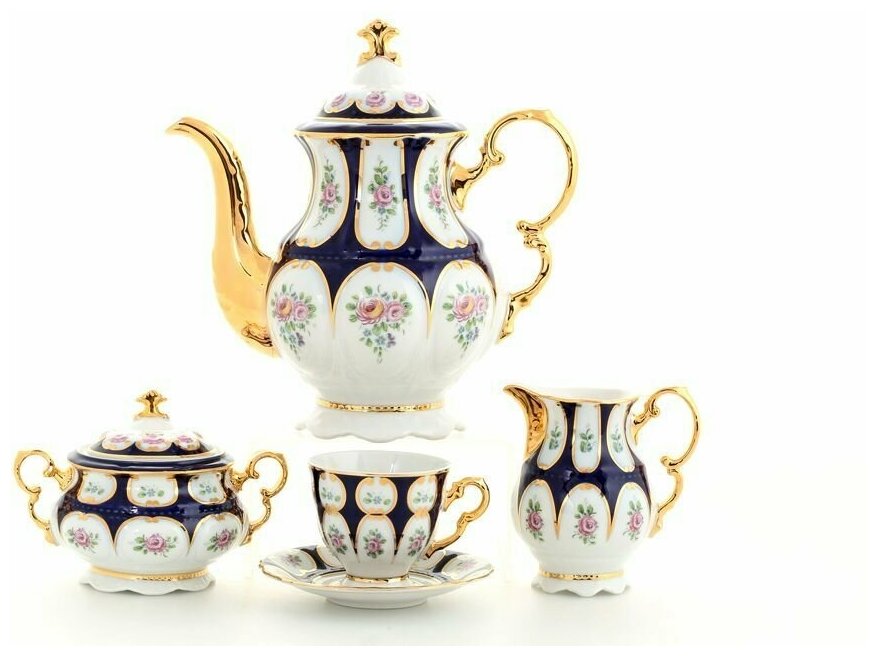 Кофейный сервиз мокко на 6 персон Leander Соната "Цветочное настроение, кобальт" 15 предметов