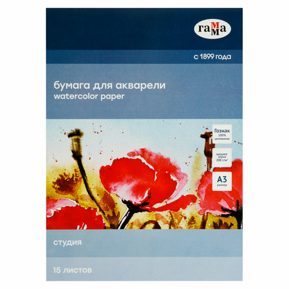 Папка для акварели, 15л, А3 Гамма "Студия", 200г/м2, среднее зерно, 346938