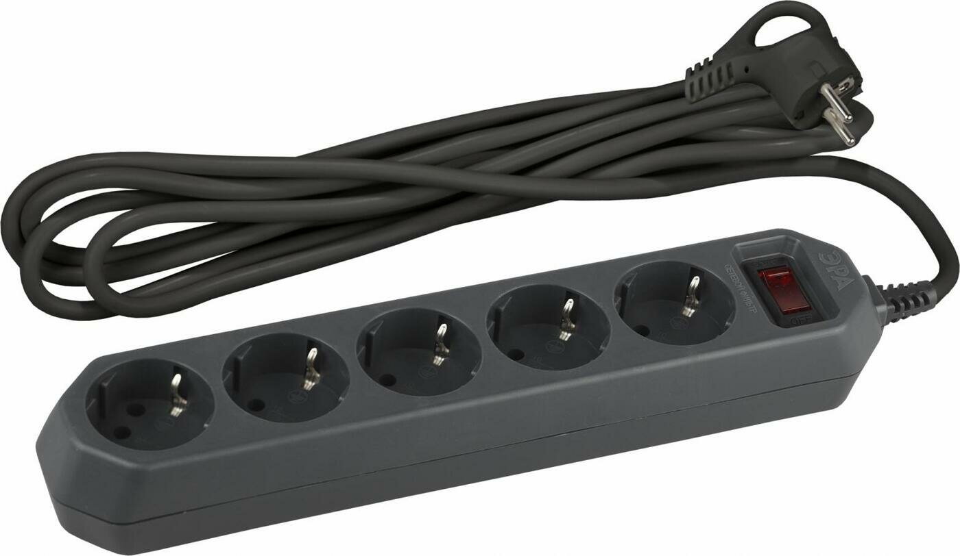 Сетевой фильтр Эра USF-5es-1.5m пятиместный с заземлением 1.5 метра черный