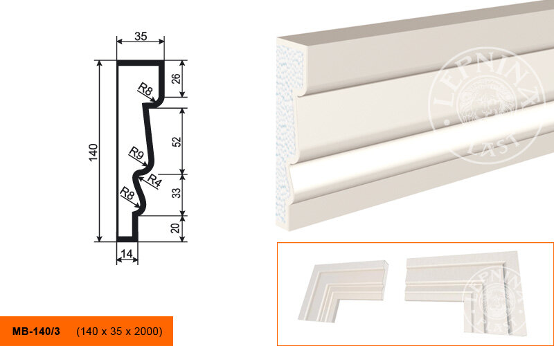 Молдинг Lepninaplast МВ-140/3, фасадный, армированный, пенополистирол ПСБ-С-35, 2 метра, 1 шт.