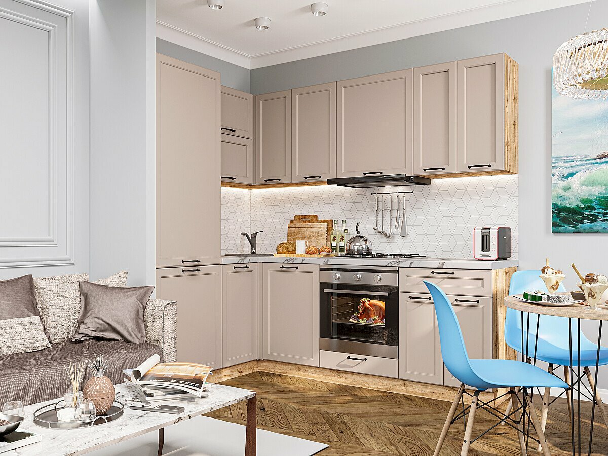 Кухня Барселона-04, цвет фасада Кашемир, цвет каркаса Дуб Вотан, 2140*1550/2200*600 мм