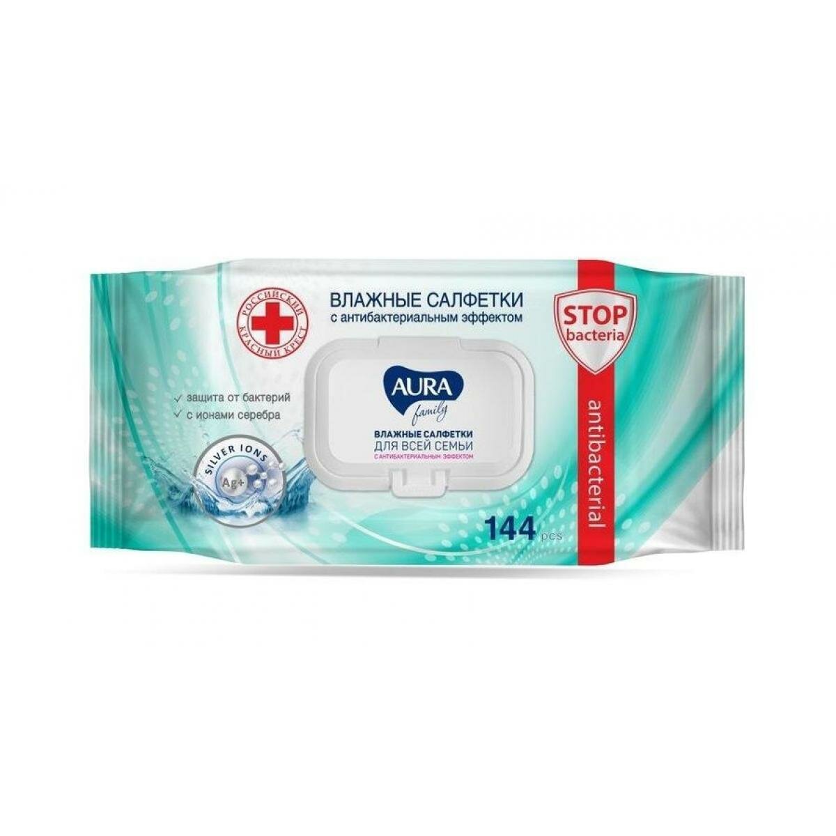 Влажные салфетки Aura Family с антибактериальным эффектом, big-pack с крышкой 144шт