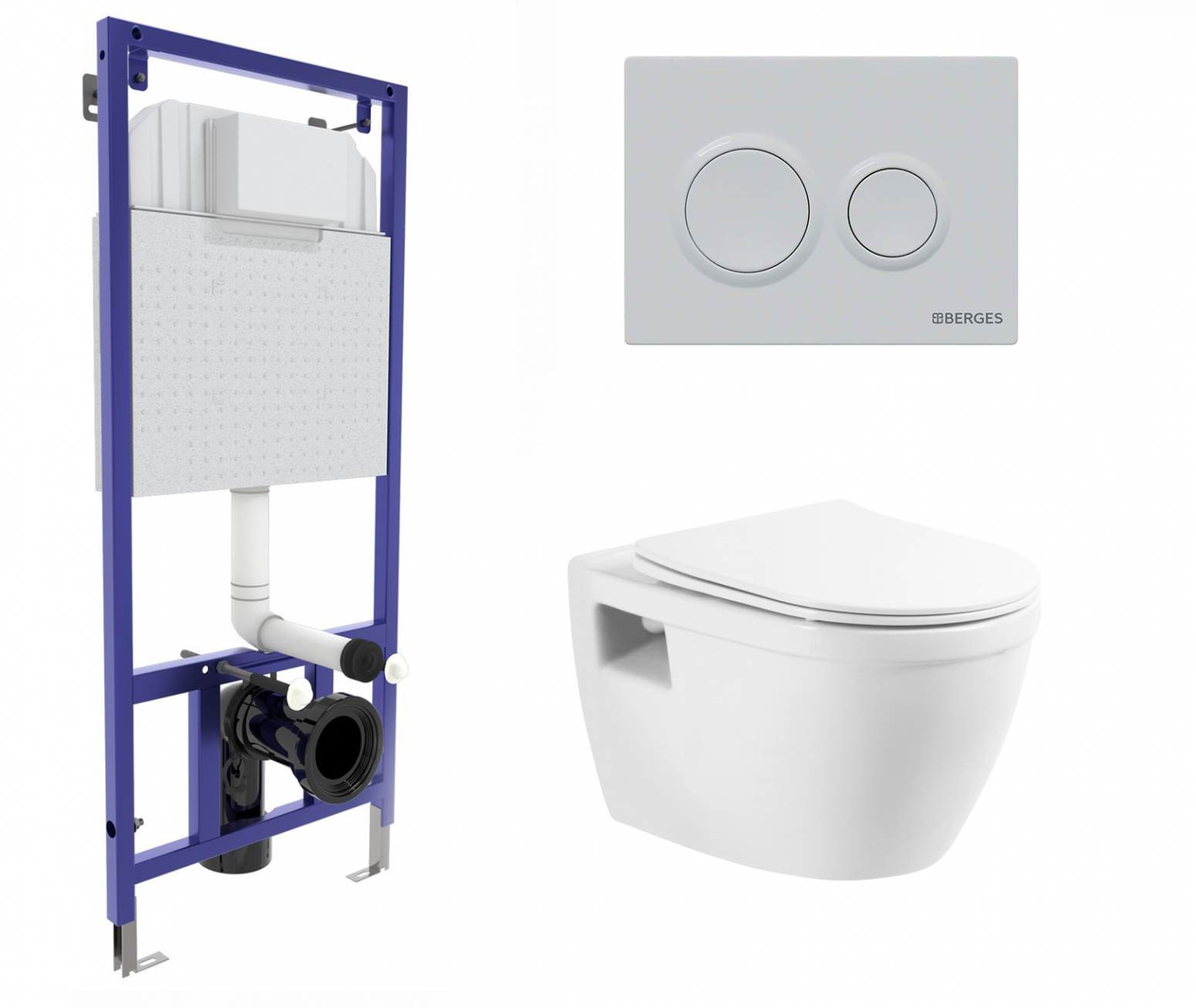 Комплект 3 в 1 инсталляция Berges Novum O4 + Подвесной унитаз BelBagno Loto BB070CHR/SC с кнопкой белой