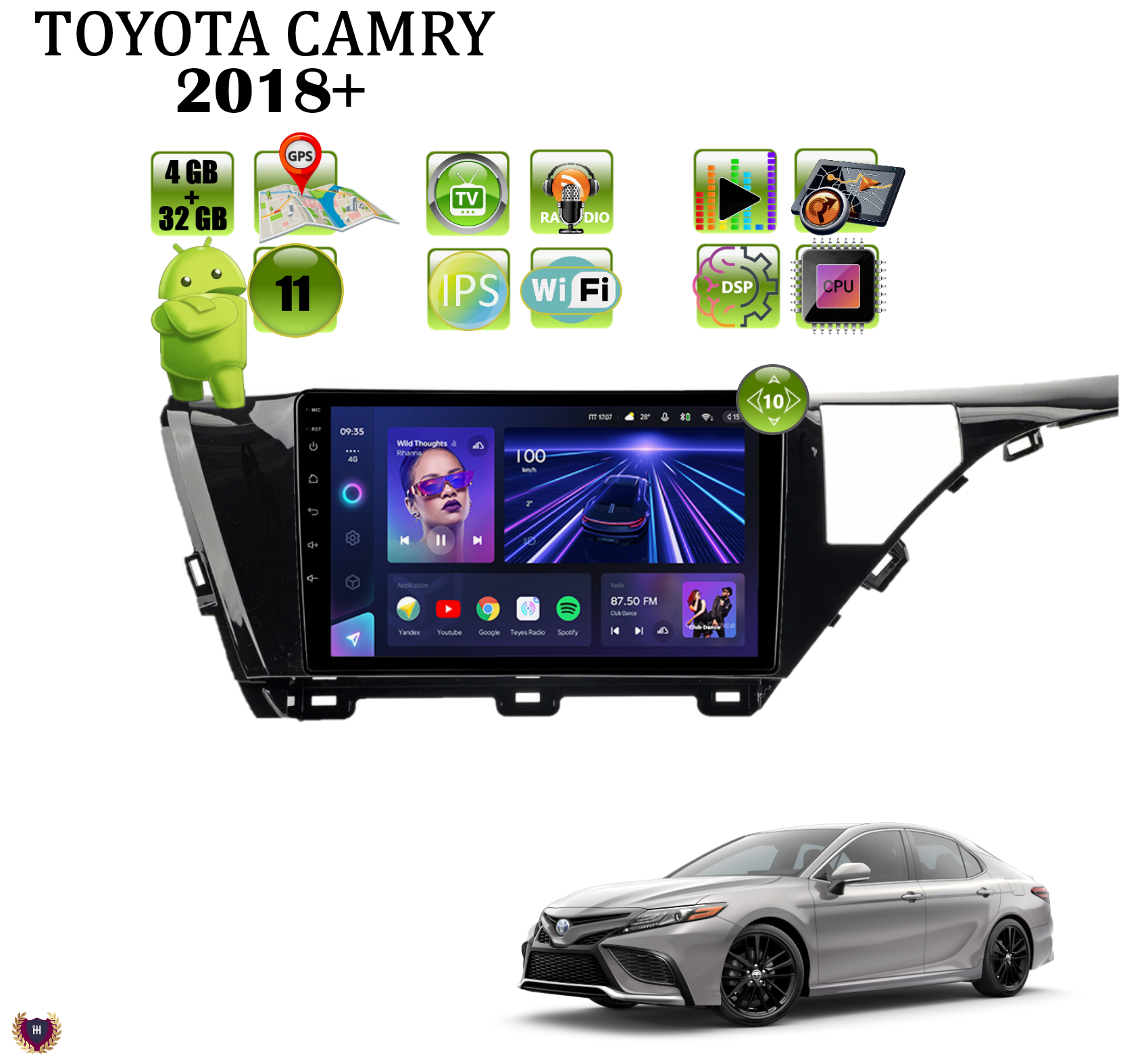 Автомагнитола для Toyota Camry V70 2018+, Android 11, 4/32GB, GPS, Bluetooth, WiFi, IPS экран, FM, сенсорные кнопки, поддержка кнопок на руле