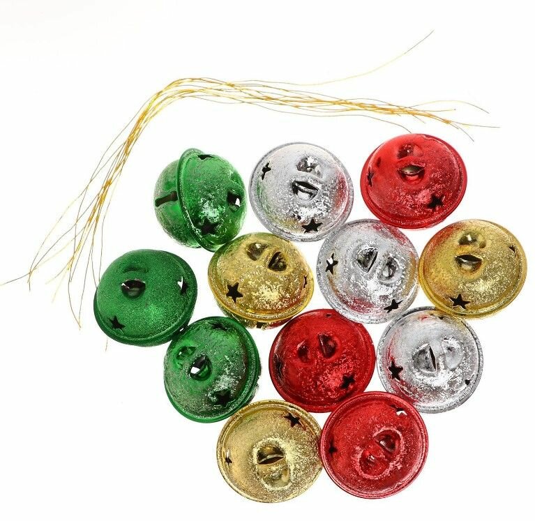 Декоративные бубенчики, разноцветные металлические звенящие колокольчики для рукоделия, украшение для новогодней елки, 12 шт, 3х3 см