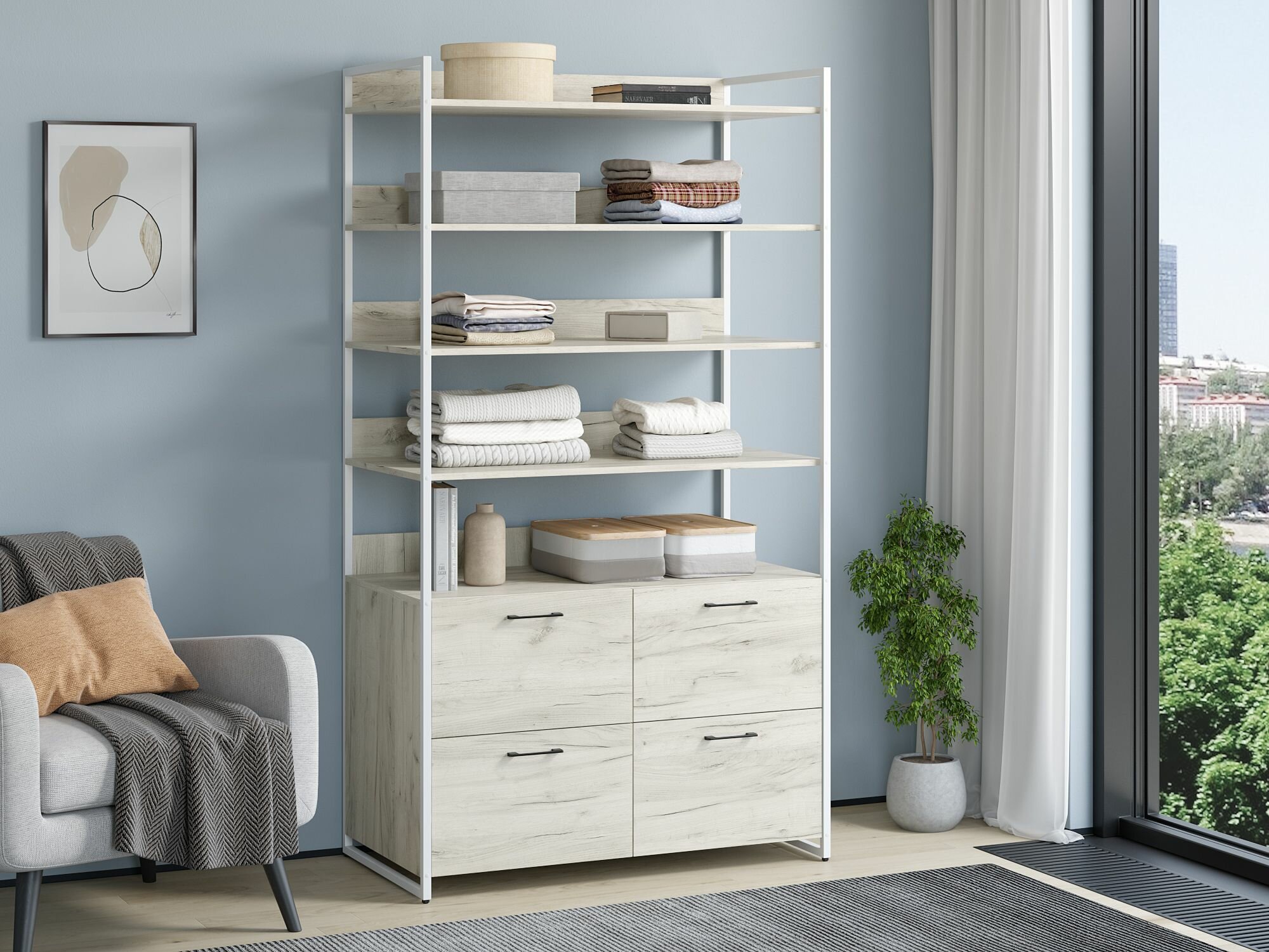 Стеллаж Урбан Лофт 04 с ящиками Белый/Дуб крафт белый