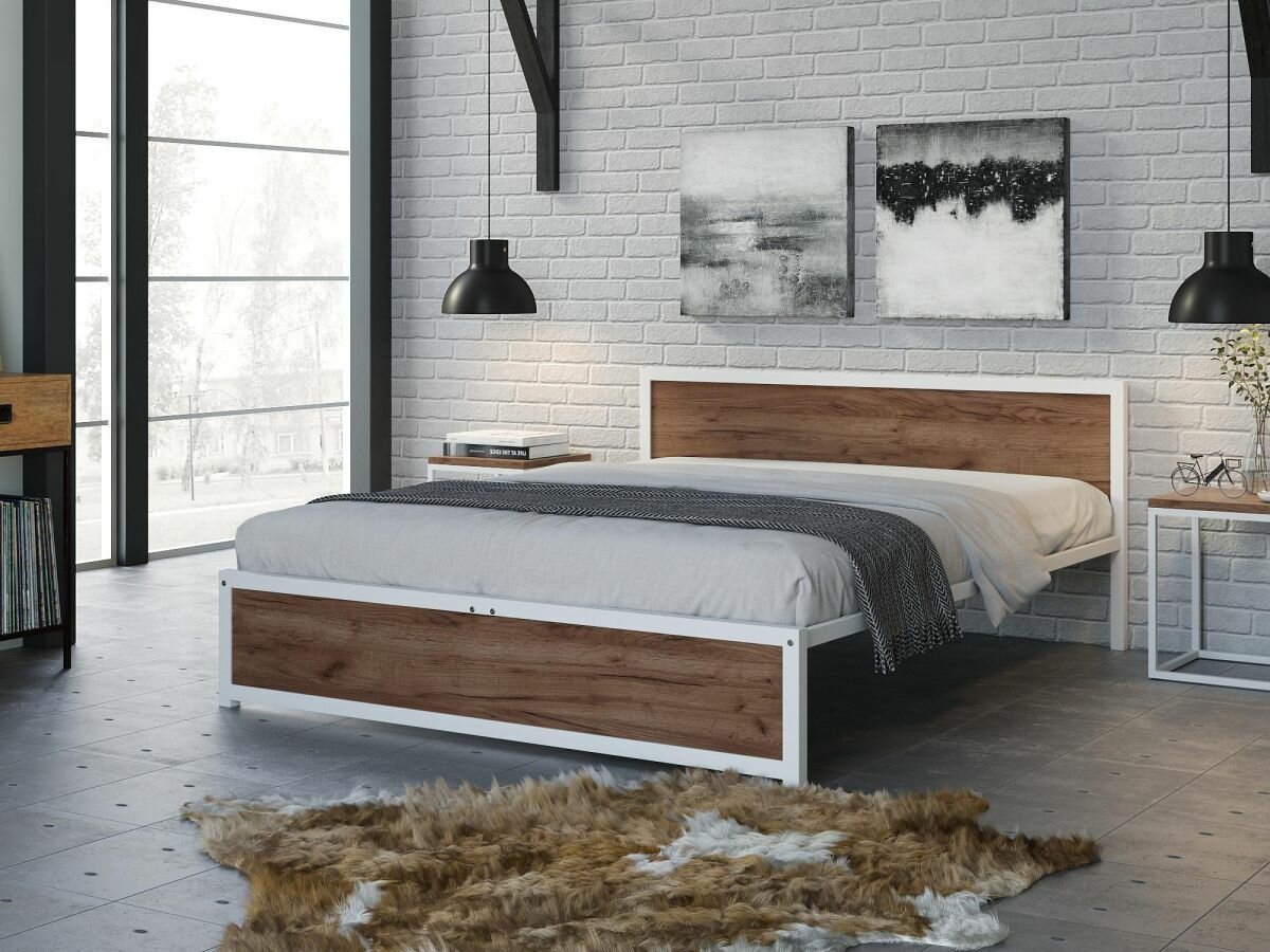 Кровать Титан Лофт 160 белый/дуб крафт табак без ящиков