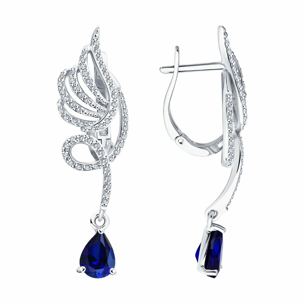 Серьги с подвесками, белое золото, 585 проба, бриллиант, сапфир
