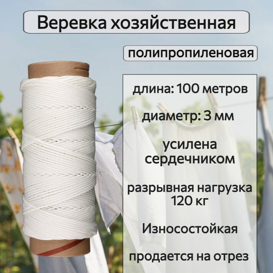 Веревка бельевая, полипропиленовая 3 мм, с сердечником, белая/100 метров