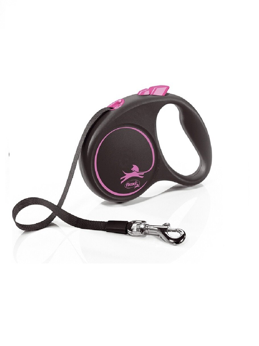 Flexi Рулетка Black Design S 5м до 15кг (ремень) черно-розовая