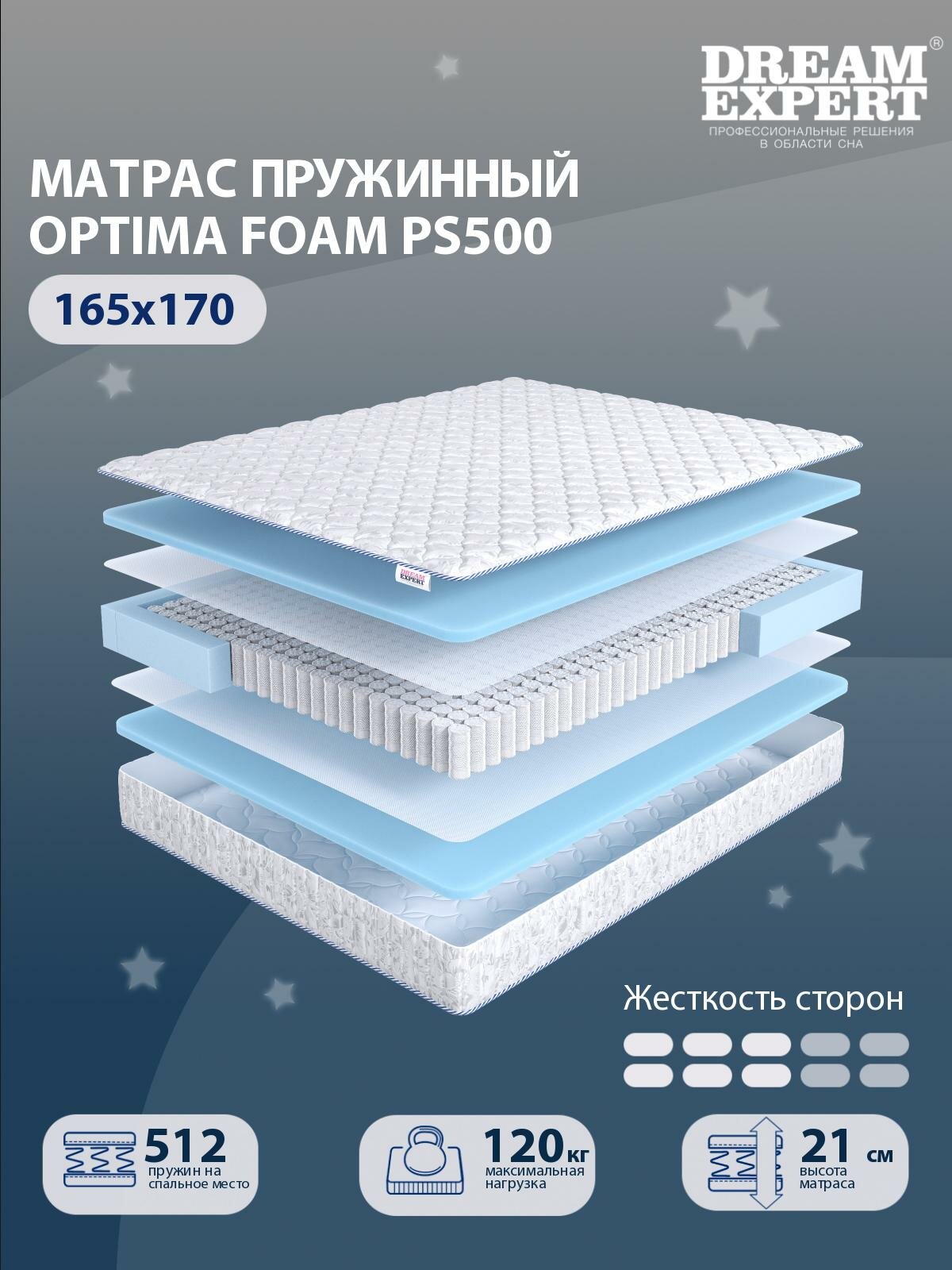 Матрас, Ортопедический матрас DreamExpert Optima Foam PS500 средней жесткости, двуспальный, независимый пружинный блок, на кровать 165x170