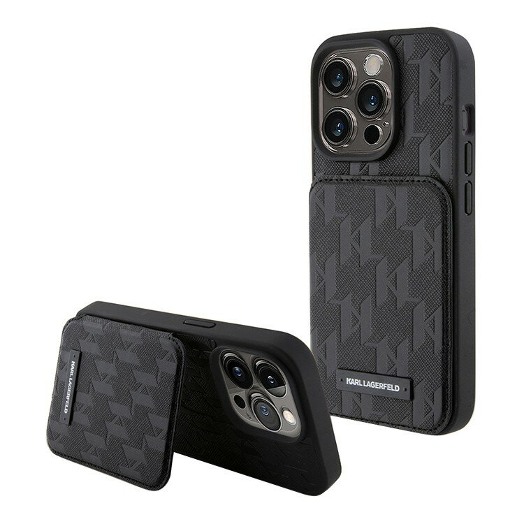 Karl Lagerfeld чехол с карманом для карт на iPhone 14 Pro, PU кожа Saffiano Monogram Plate logo, черный