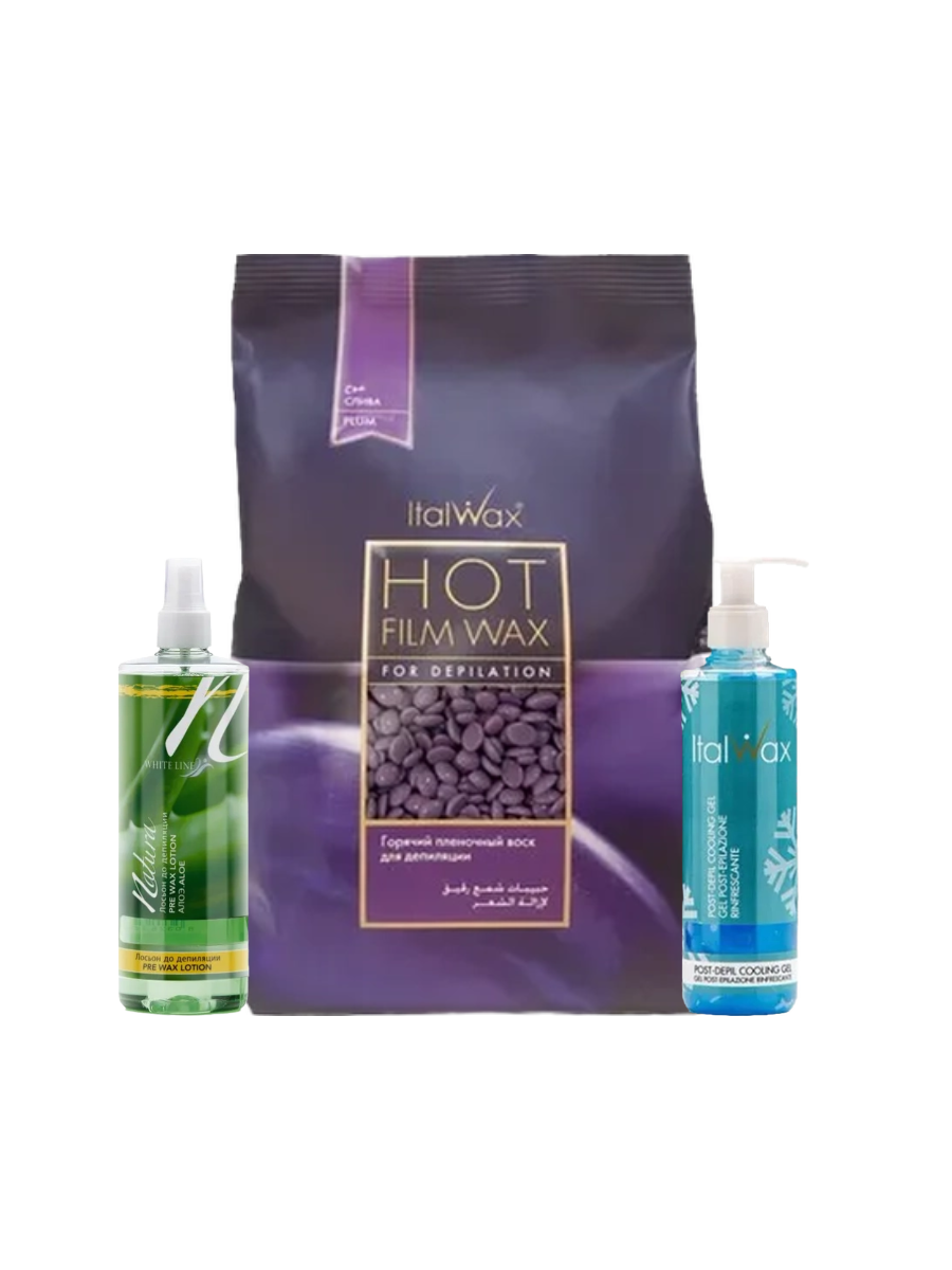 Воск в гранулах Слива ITALWAX NATURA Plum,1000гр+(Набор уход до/после Лосьон Алоэ, Охлаждающ,250 мл)