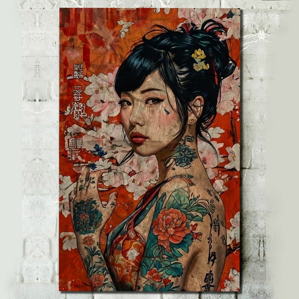 Картина интерьерная на рельефной доске девушка с татуировками (азиатская эстетика, тату) - 15730 В