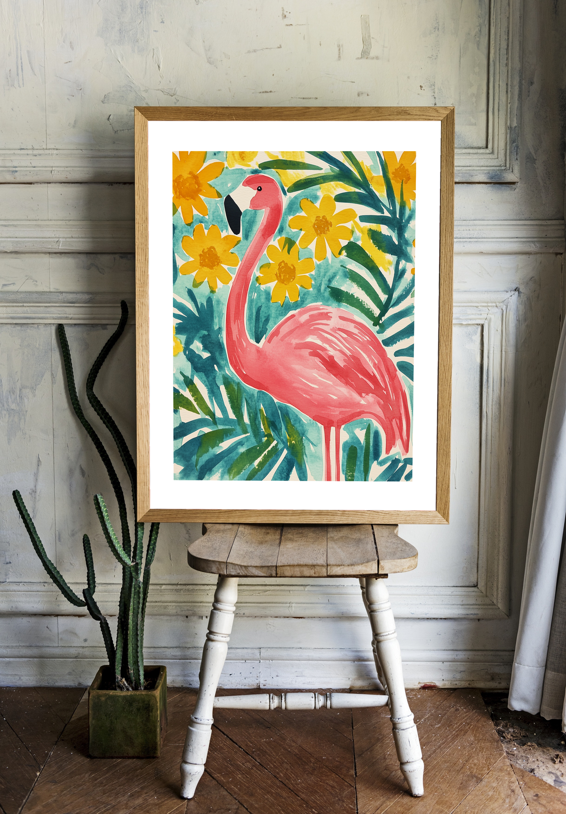 Постер "Фламинго среди тропических цветов" 40x50 см в подарочном тубусе
