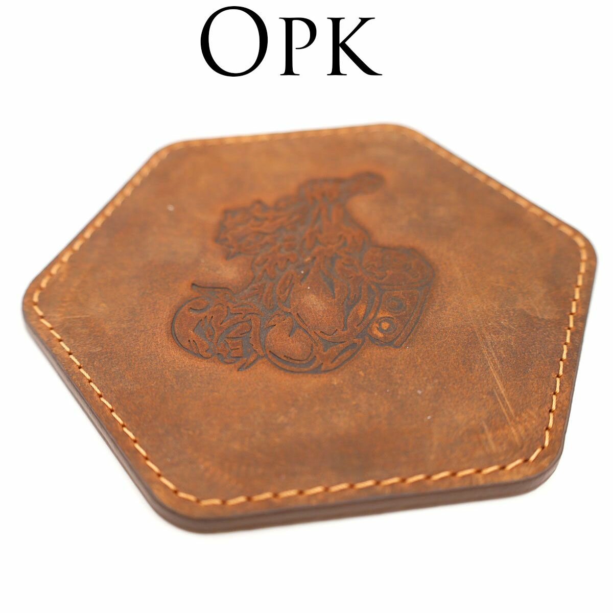 Кожаный подстаканник - бирдекель, костер под кружку в виде гекса c тиснением "Орк", Corbett Orc Cognac, J.Audmorr