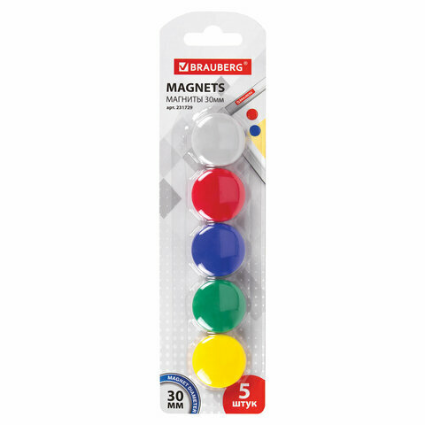 Магниты диаметром 30 мм, комплект 5 штук, цвет ассорти, в блистере, BRAUBERG, 231729