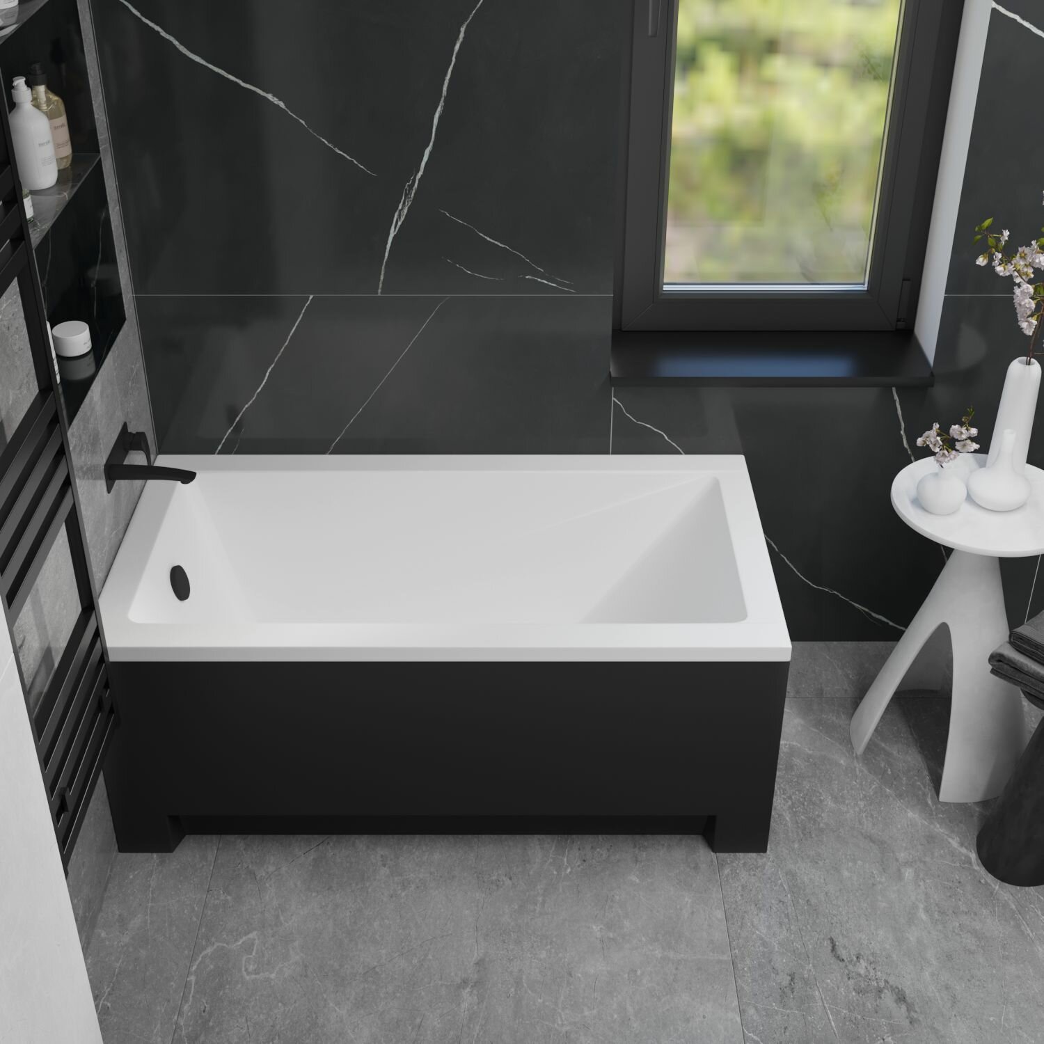 Ванна акриловая 130х70 Helmken Rivana комплект 3 в 1: прямоугольная ванна, каркас, лицевой экран черного цвета
