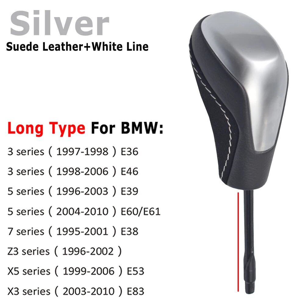 Ручка автоматического переключения передач с алькантари для BMW E39 E46 E53 E60 Silver-suede-Long
