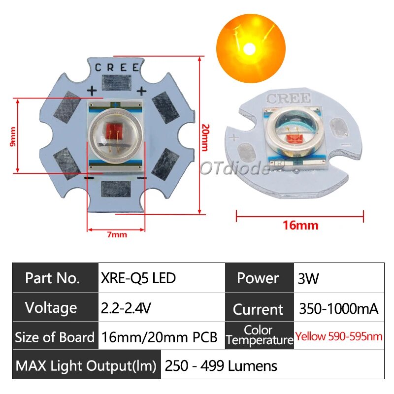 Светодиодные модули OTdiode XRE Q5 3Вт Yellow Ameber, 20mm LED 1pcs