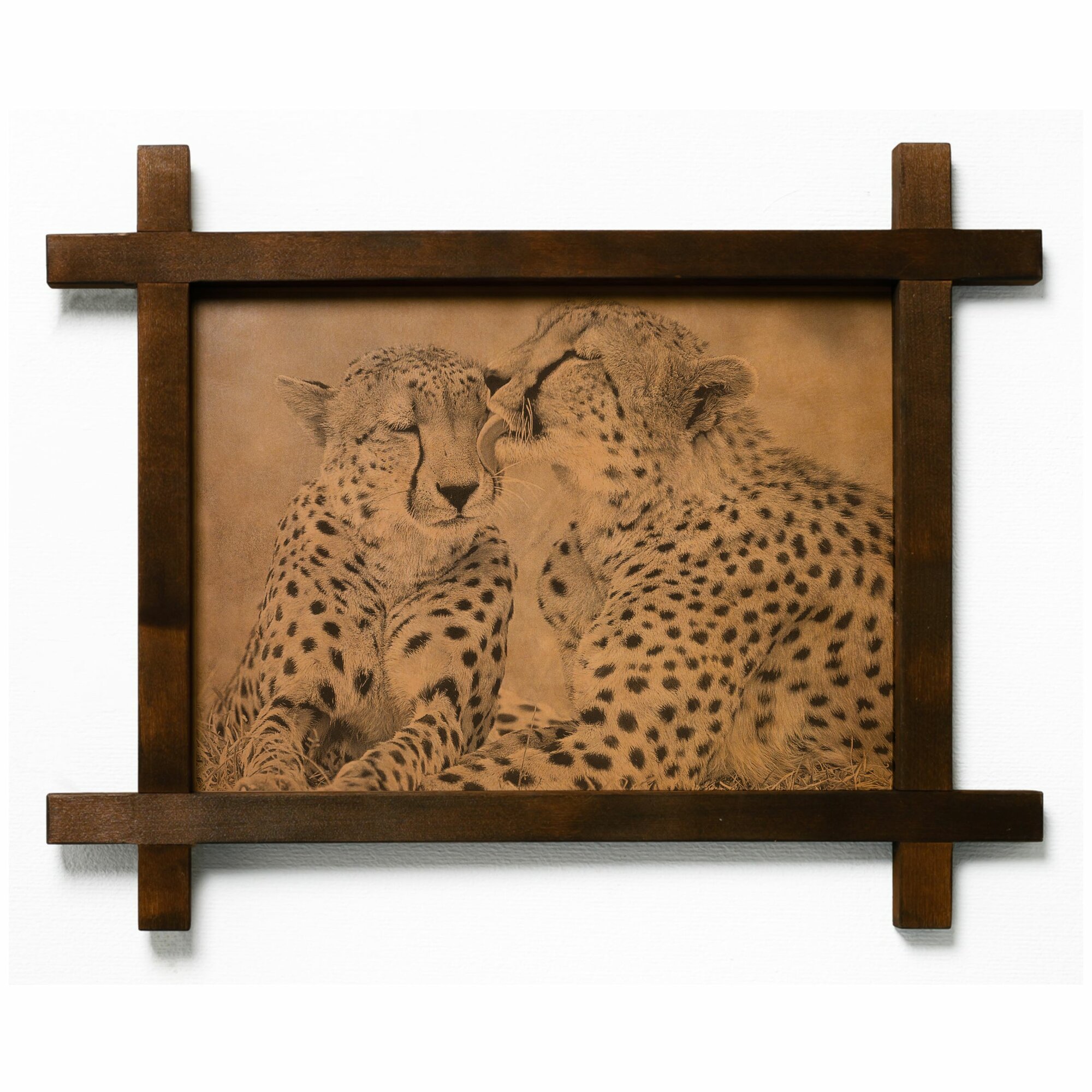 Интерьерная картина из натуральной кожи "Пара гепардов 2", декоративное настенное панно в деревянной раме, BoomGift