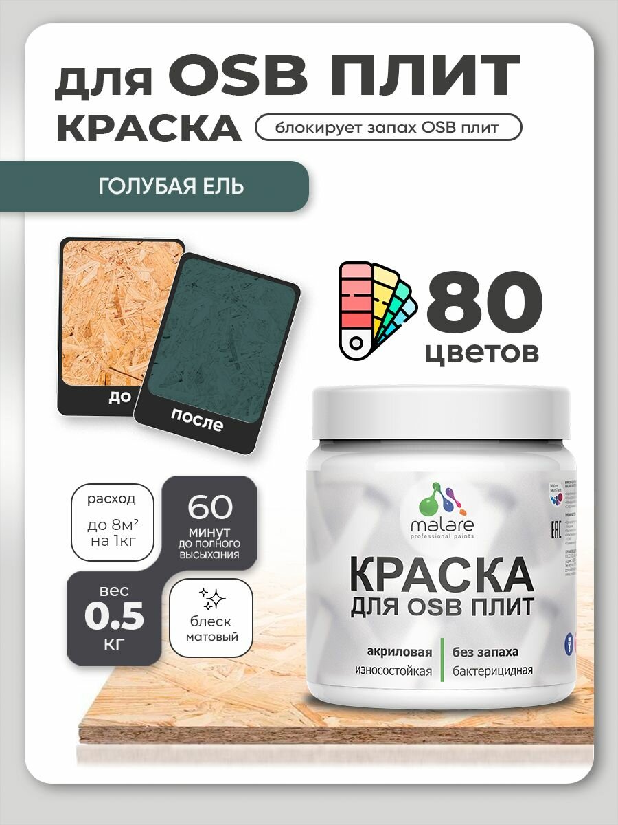 Акриловая краска для ОСБ плит Malare для дерева для наружных и внутренних работ, быстросохнущая без запаха матовая, голубая ель, 0.5 кг