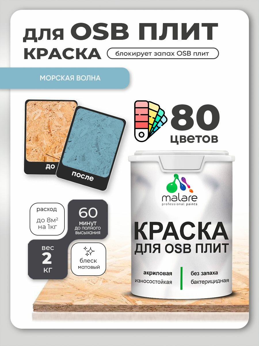 Акриловая краска для ОСБ плит Malare для дерева для наружных и внутренних работ, быстросохнущая без запаха матовая, морская волна, 2 кг