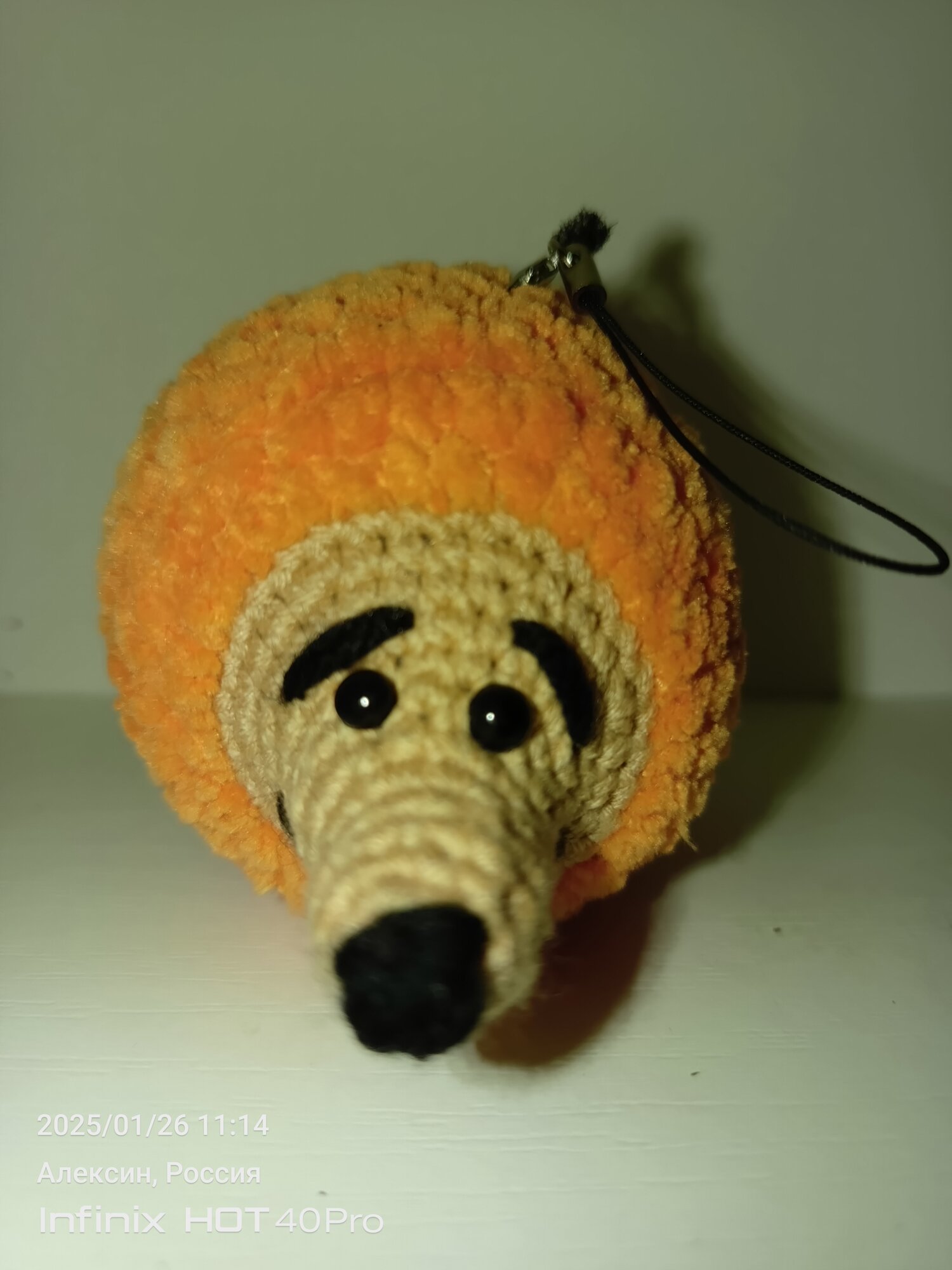 Вязанная мягкая игрушка брелок "Ежик", плюш, ручная работа, оранжевая, 6 см,