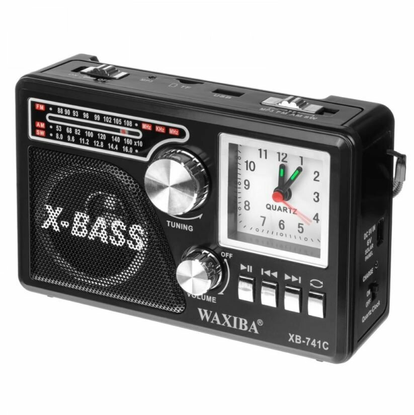 Радиоприемник WAXIBA XB-741C (USB/TF/фонарь/часы/акб 18650 1200мАч), черный.