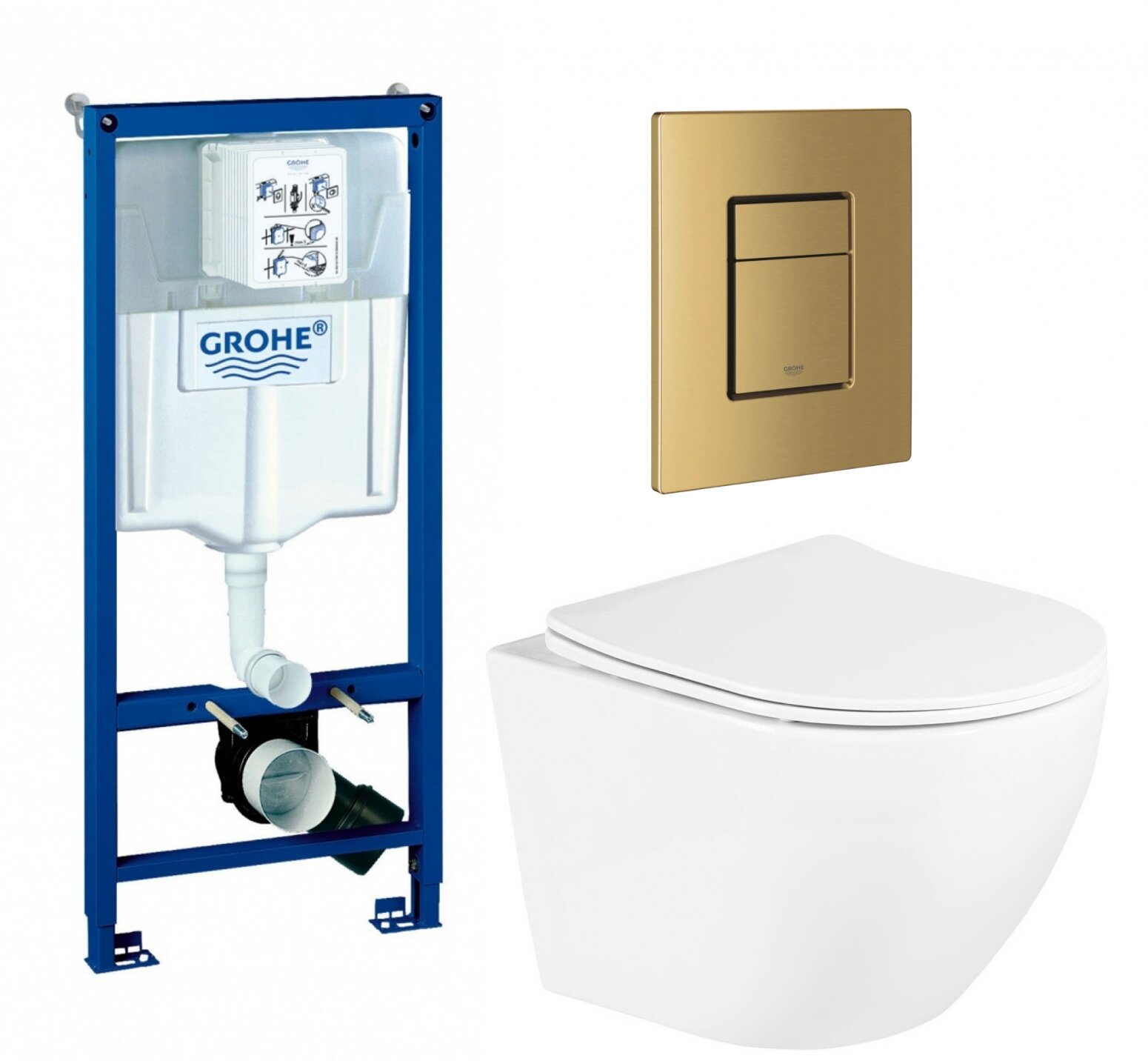 Комплект 3 в 1 инсталляция Grohe Rapid SL + Унитаз подвесной BelBagno Uno BB3105CHR/SC + кнопка золото, холодный рассвет матовый