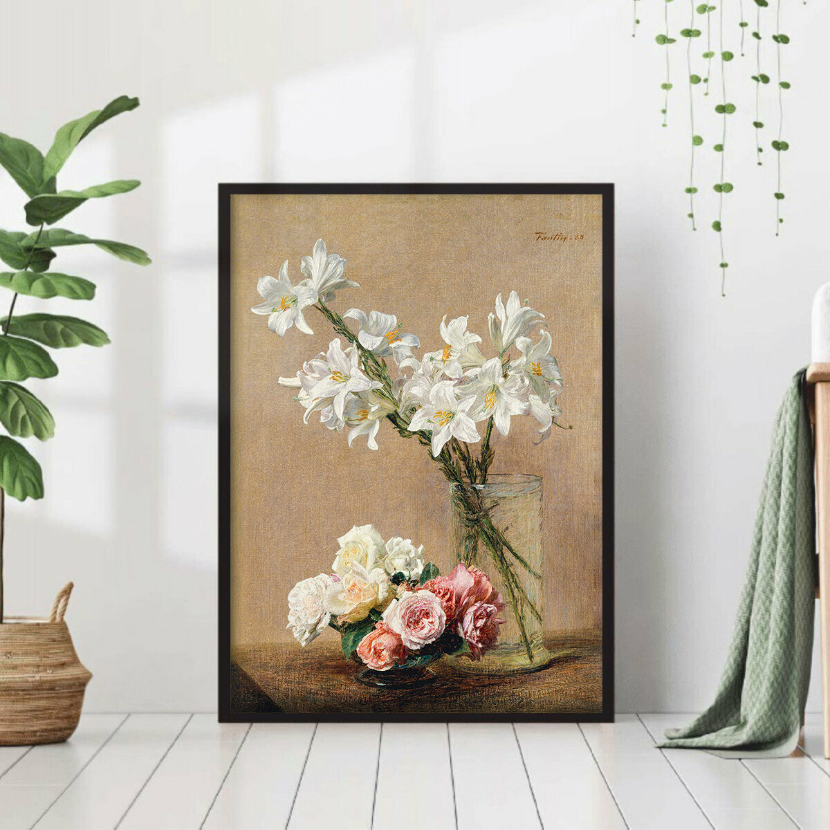 Постер " Анри Фантен Розы и Лилии репродукция" 40x50 в черной рамке для интерьера на стену