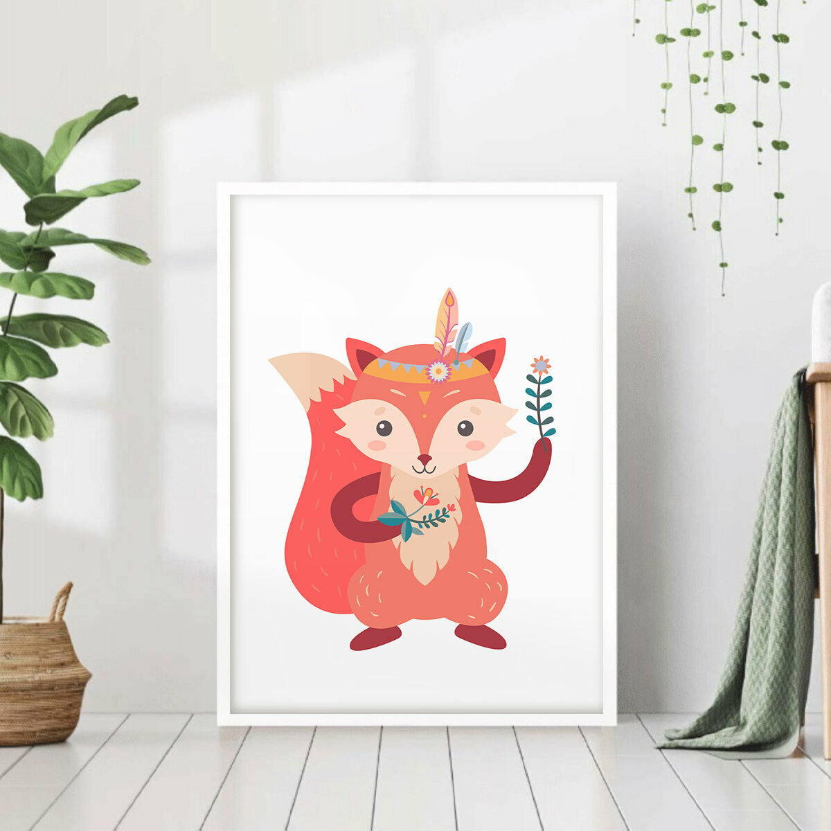 Постер "Лиса бохо для детской" 40x50 в белой рамке для интерьера на стену