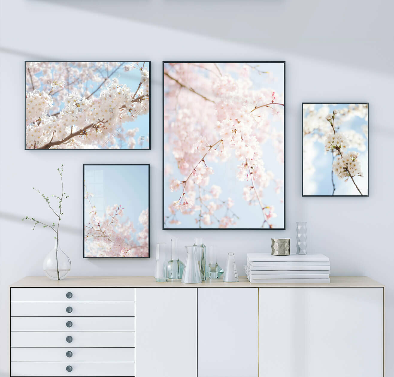 Постер 4 шт без рамки "Цветение Сакуры" набор картин для интерьера