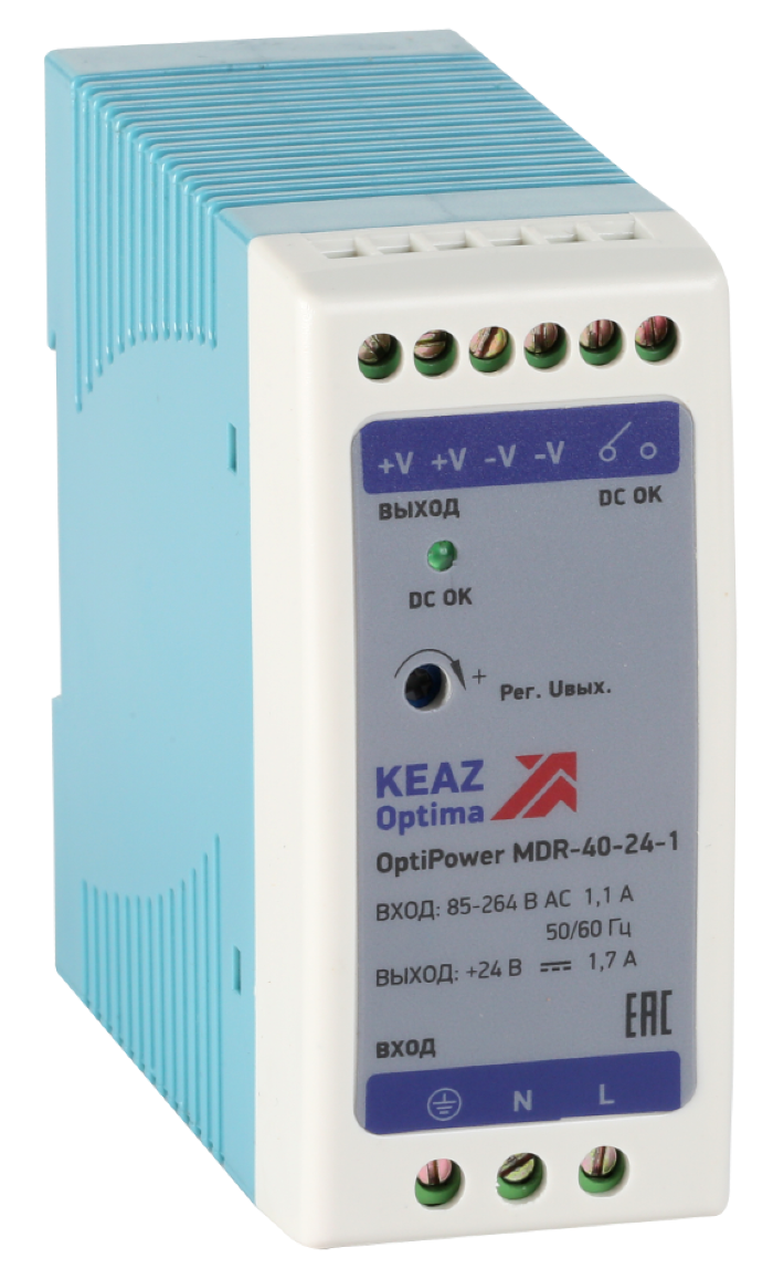 Блок питания КЭАЗ OptiPower MDR-40-24-1, в пластиковом корпусе, 40Вт, 264/24В, 1.7А, 284540 / преобразователь напряжения