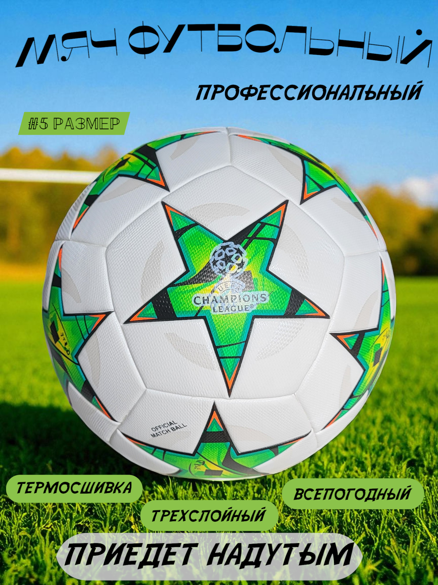 Мяч футбольный надутый профессиональный размер 5 Лига Чемпионов (Цвет: Зеленый)