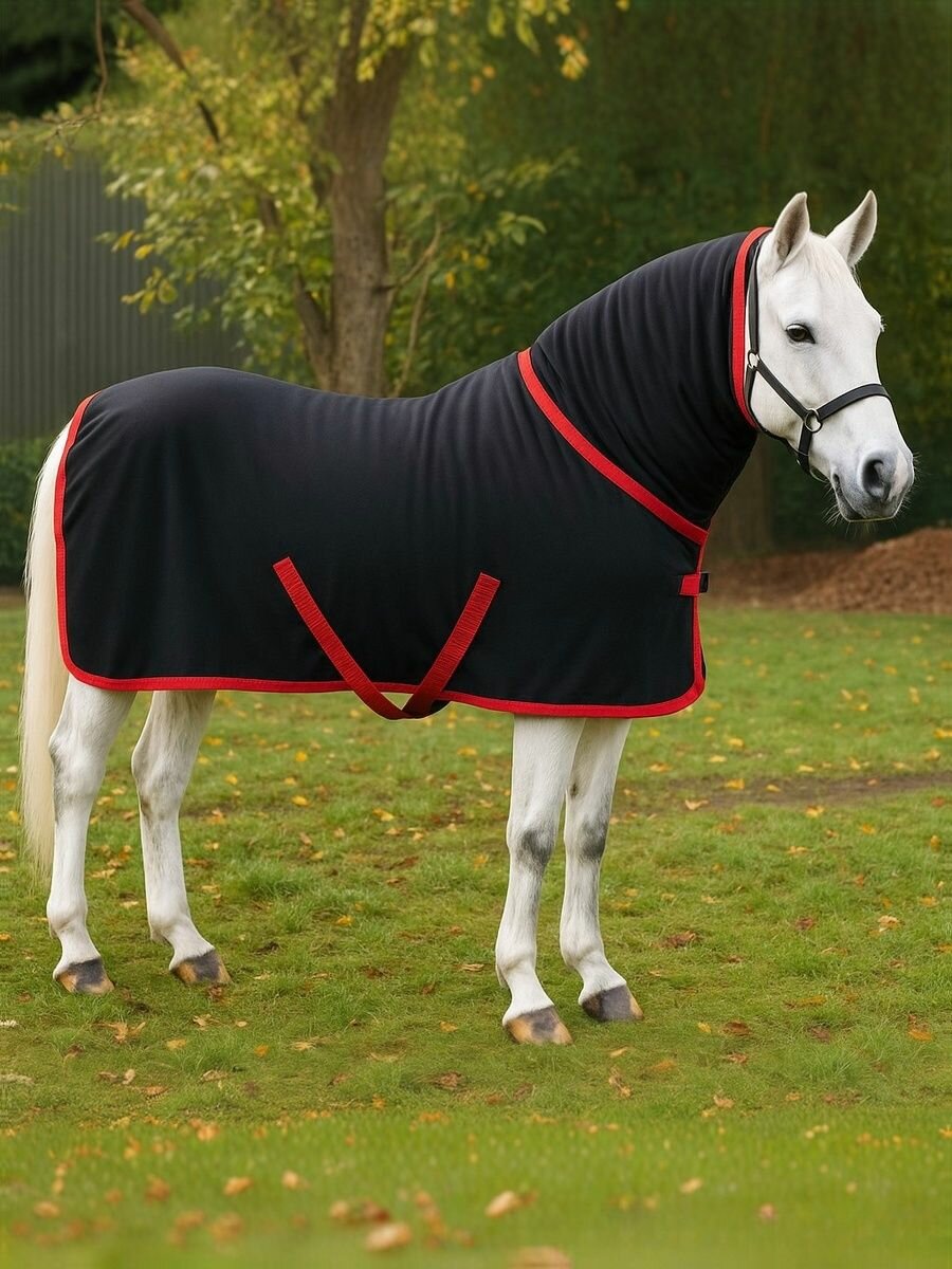 Флисовая попона HorsePlanet, с капором, для лошадей, 125, черно-красного цвета