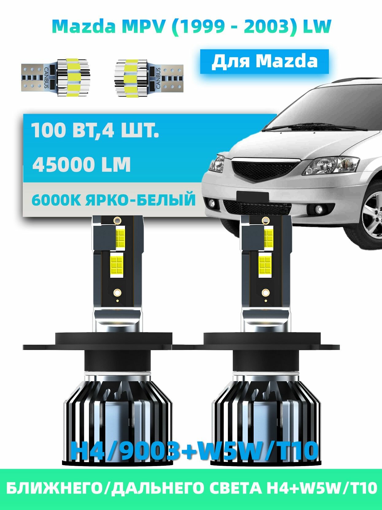 Светодиодная лампа h4 12V 100W 6000K (2 шт) для Mazda MPV (1999 - 2003) LW