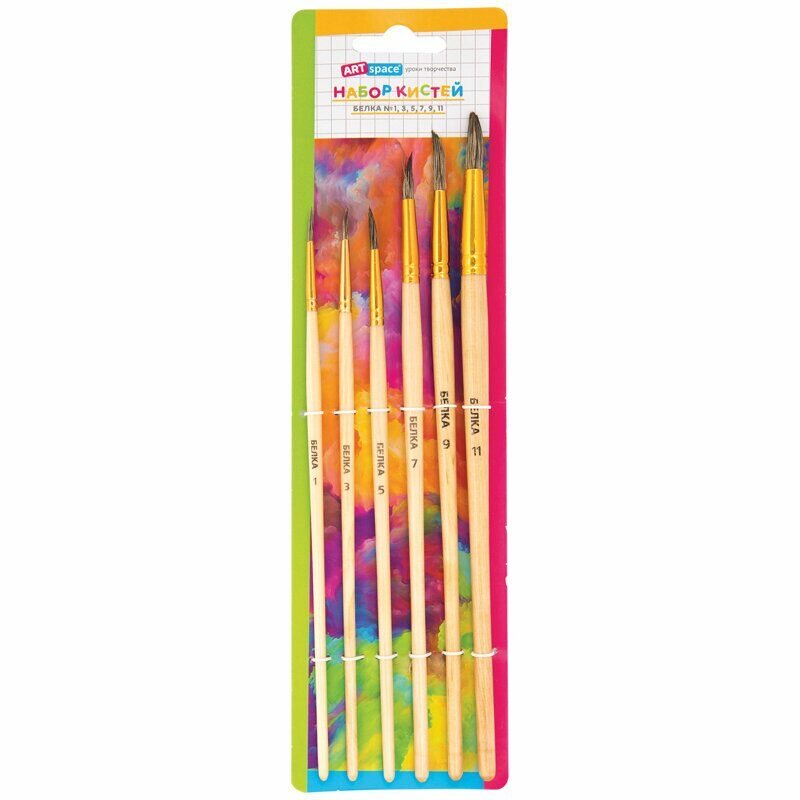 Набор кистей ArtSpace 6шт, белка, круглые, № 1, 3, 5, 7, 9, 11, блистер