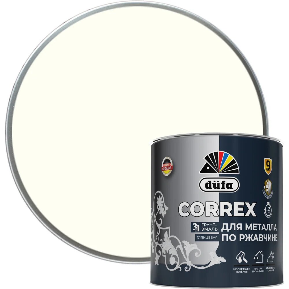 Грунт-эмаль Dufa CORREX 3 в 1 для металла по ржавчине RAL-9010 белый МП00-013657 2 л, для использования как внутри