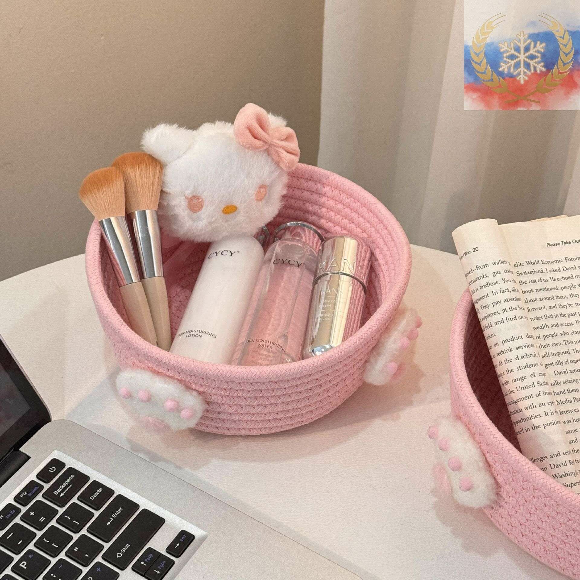 Корзина для хранения Hello Kitty / Хелло Китти, маленькая, плетёная, розовая, органайзер для косметики и мелочей