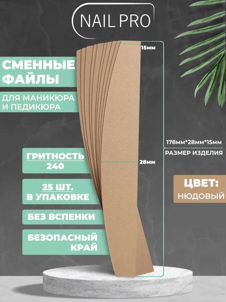 Сменные файлы NailPro "Лодочка", для пилки, 240 grit, 178 мм, одноразовые, 25 штук