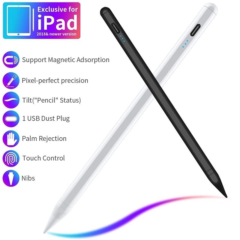 Перьевая карандаш Active capacitive pen с индикацией заряда для сенсорного экрана iOS, с наклоном и чувствительной к давлению, с магнитным прикреплением, антиошибочная стилус, Battery Display Model, Tilt Pressure Sensitive Model, белый