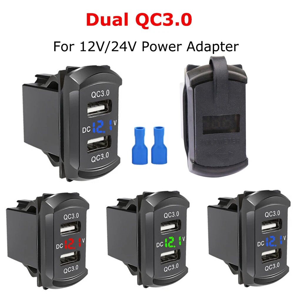 Автомобильное зарядное устройство 12V/24V с дисплеем, 2 USB QC3.0, Green Light