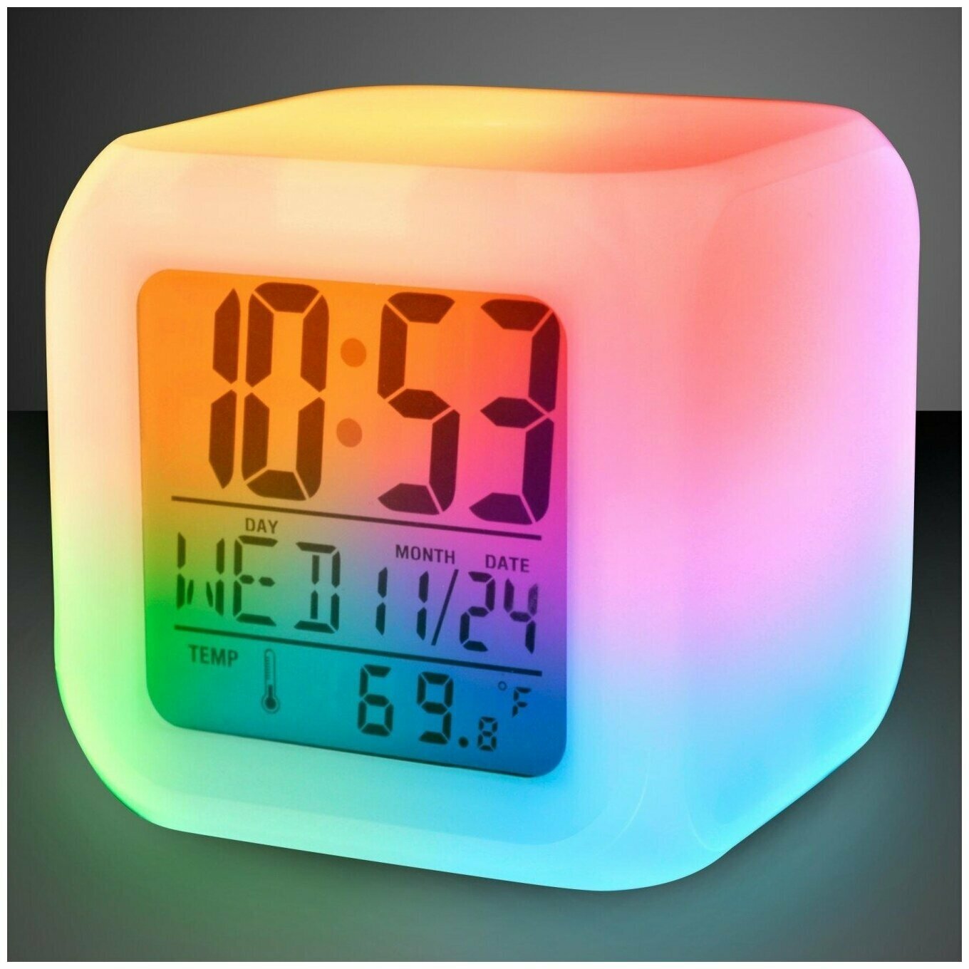 Будильник-куб Oem "Хамелеон", с термометром, подсветка, арабские цифры, пластиковый