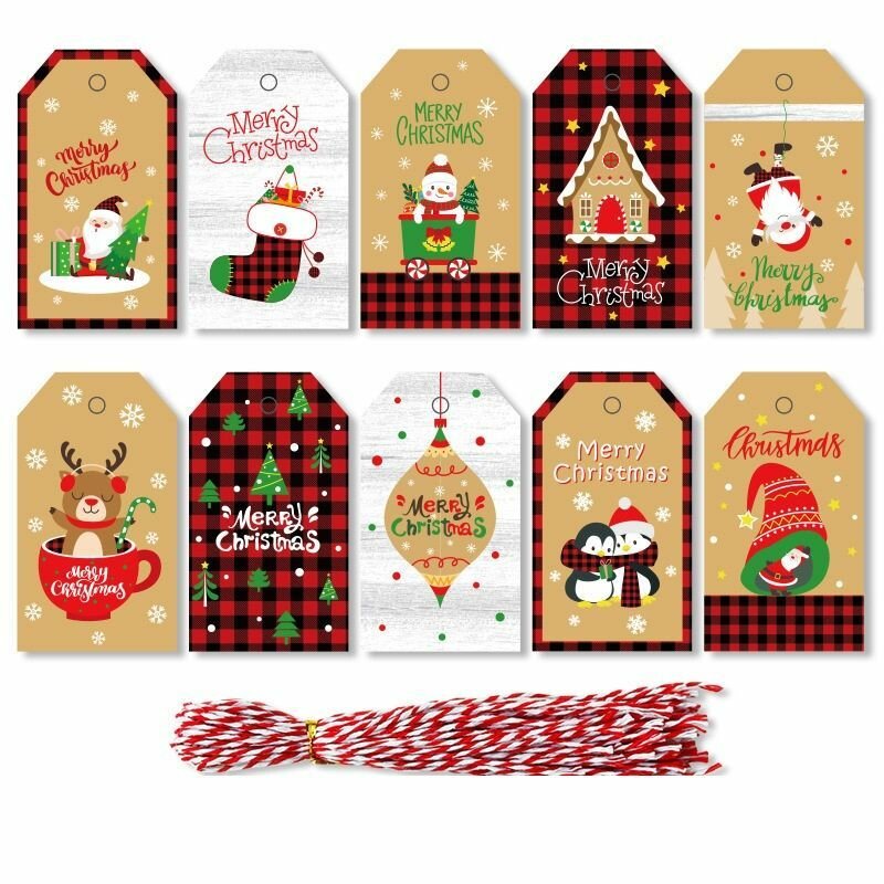 Новогодние бирки для упаковки подарков цветные красные, новогодняя упаковка подарков, открытка 50 шт
