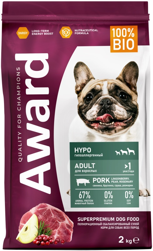 Сухой корм AWARD HYPO для взрослых собак со свининой и добавлением брусники, груши и розмарина 2кг