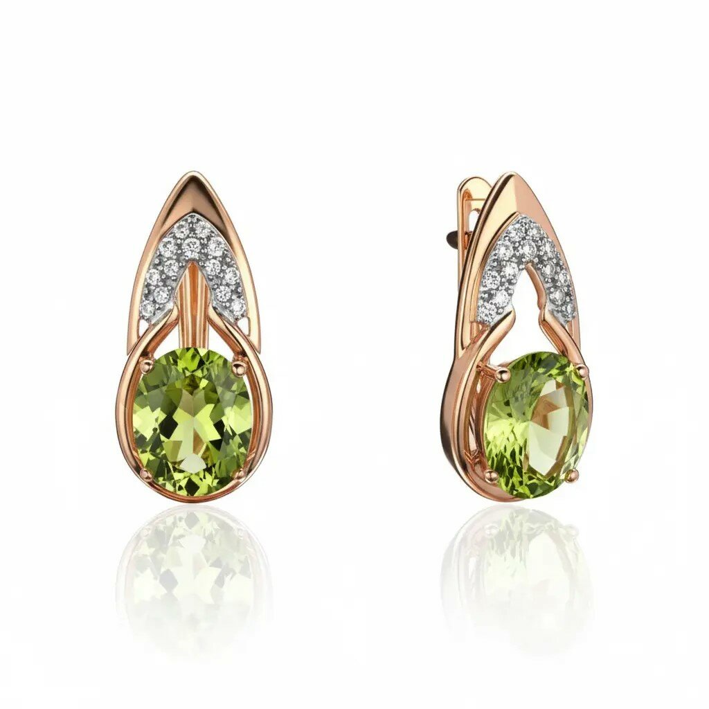 Серьги, красное золото, 585 проба, фианит, хризолит