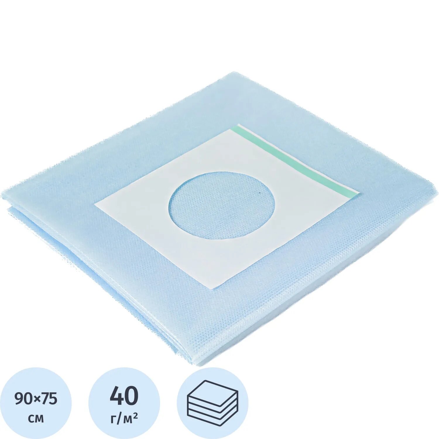 Простыня стерил. с круг. отверст. лип. край 90х75, спанб. лам, пл.40